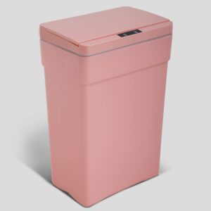 dkelincs 13 gallon trash can automatic motion sensor kitchen trash can plastic high-capacity touch free garbage can with lid for bathroom bedroom home office, 50 liter, pink