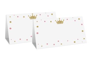 table place card for baby shower, 25 pcs tent cards set with pink & gold design, editable name cards for table seating, party food lables, gold crown little princess baby shower decorations(05)