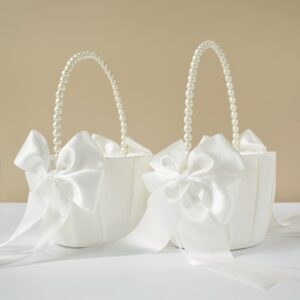 atailove 2 pcs wedding flower girl baskets with cute pearl handle bowknot satin flower baskets for wedding ceremony, ivory