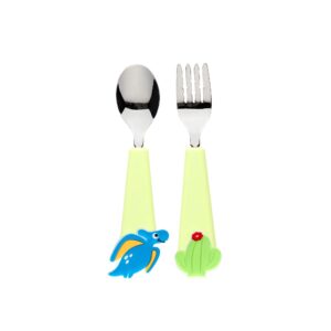 flex&lock flexwarez kids utensil set with flexcharmz silicone charms accessories - easy to decorate spoon and fork - fun lunch for toddler and kids - dinosaur world theme/ 2 pack/pteranodon & cactus