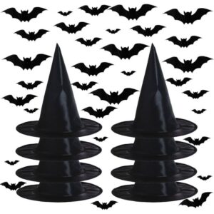 halloween witch hats for halloween decoration, 8pcs black witch hats, 32pcs 3d bats, black witch hats hanging, witch cap accessory for halloween