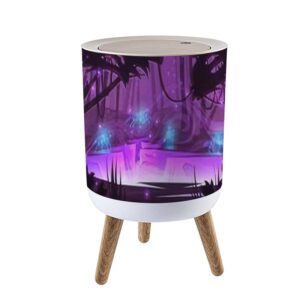 small trash can with lid for bathroom kitchen office diaper magic forest wolves mystery silhouettes river purple light cartoon bedroom garbage trash bin dog proof waste basket cute decorative