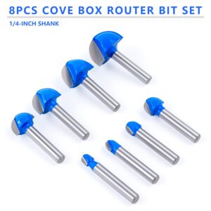 Cove Box Router Bit Set ,Newdeli 8Pcs 1/4 Inch Shank Round Nose Router Bit-1/4" 5/16" 3/8" 1/2" 5/8" 3/4" 7/8" 1" Cutting Diameter, Solid Carbide Double Flute Cove Box Round Nose Woodworking Tool