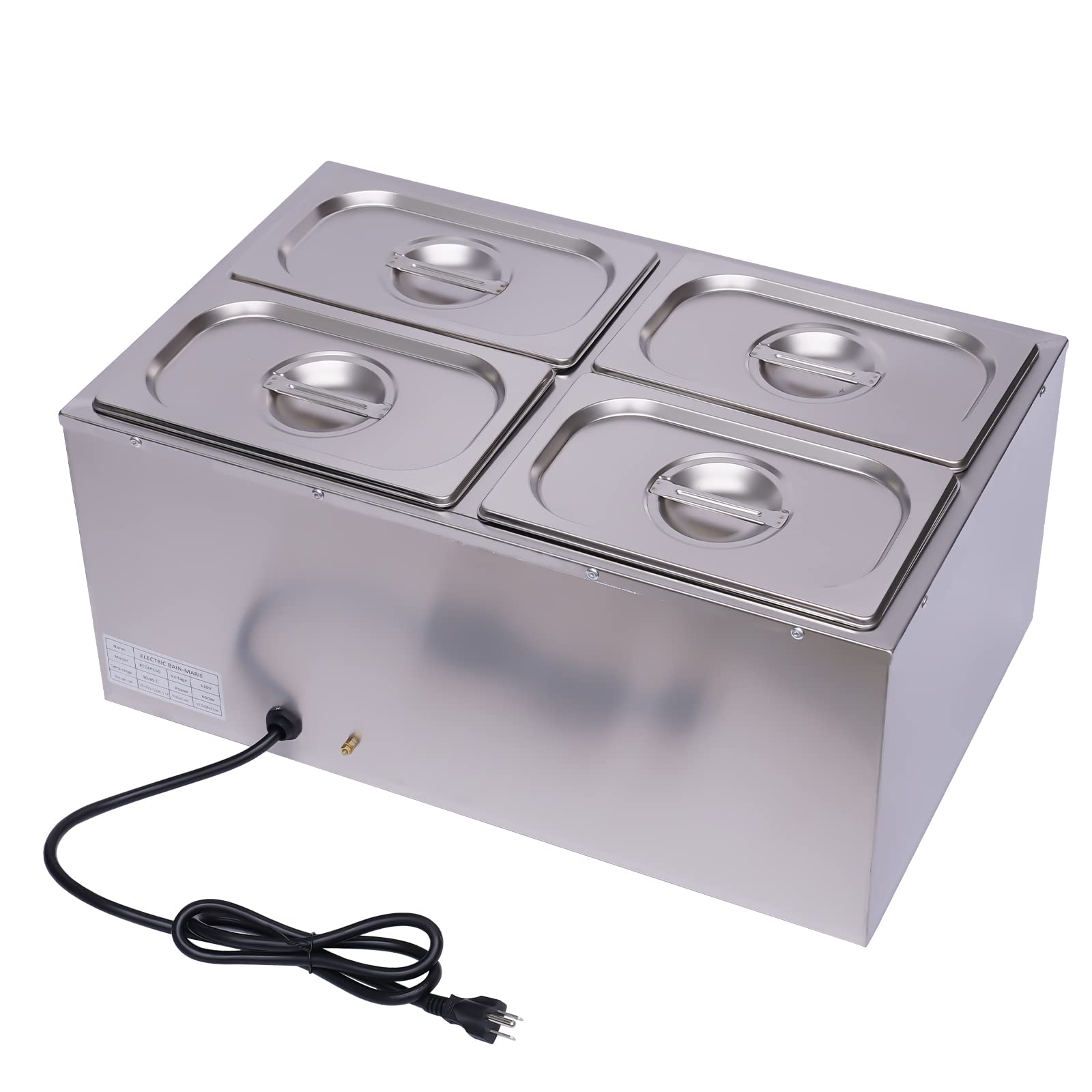 4-Pan Commercial Food Warmer, 110V 600W Electric Steam Table 15cm/6inch Deep, Professional Stainless Steel Buffet Bain Marie for Catering and Restaurants