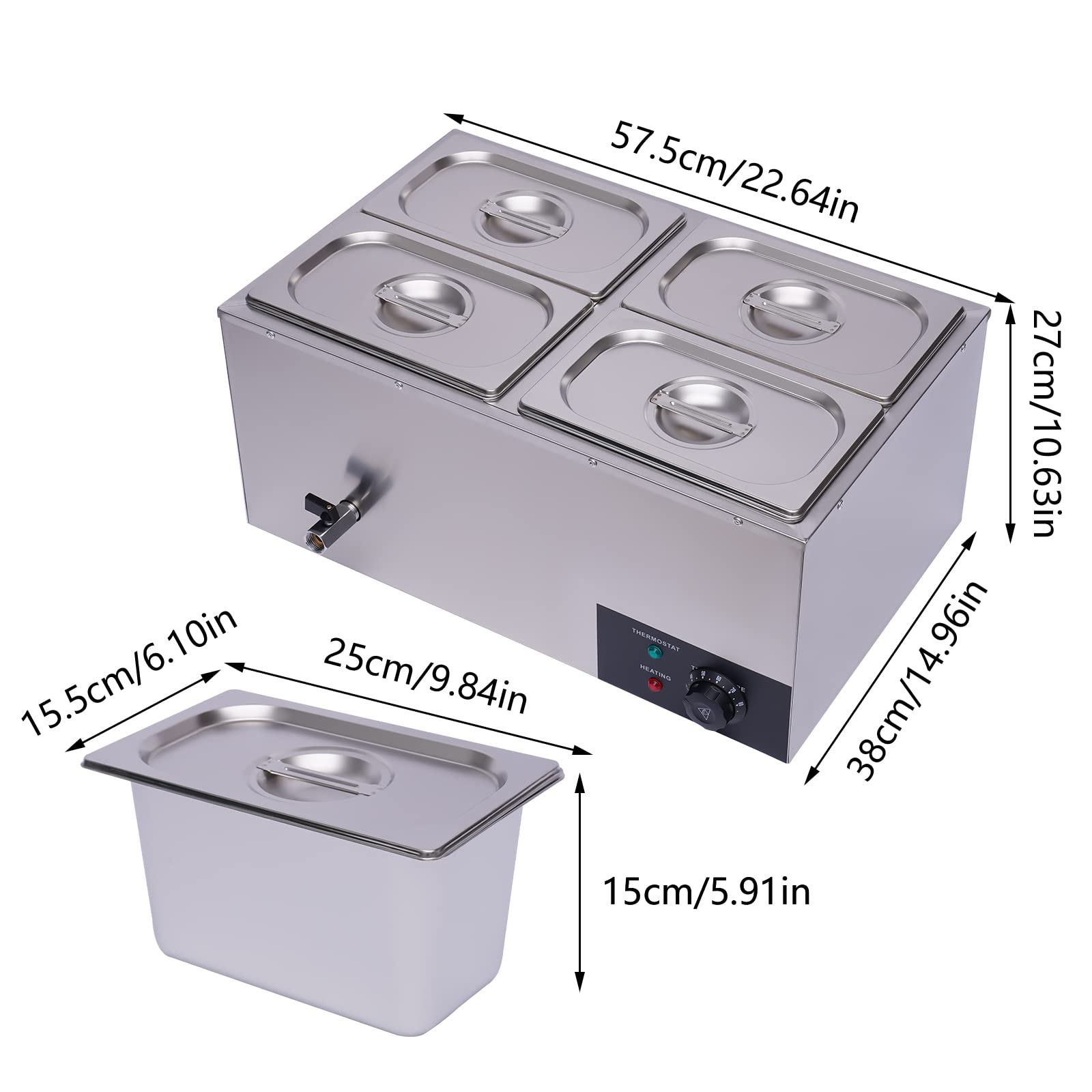 4-Pan Commercial Food Warmer, 110V 600W Electric Steam Table 15cm/6inch Deep, Professional Stainless Steel Buffet Bain Marie for Catering and Restaurants