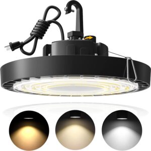 vanoopee 3-color ufo led high bay light 100w 3000k 4000k 5000k high bay led light bright commercial bay lighting for warehouse workshop barn gym - 5' cable with plug, ip65 14000lm(400w mh/hps eqv.)