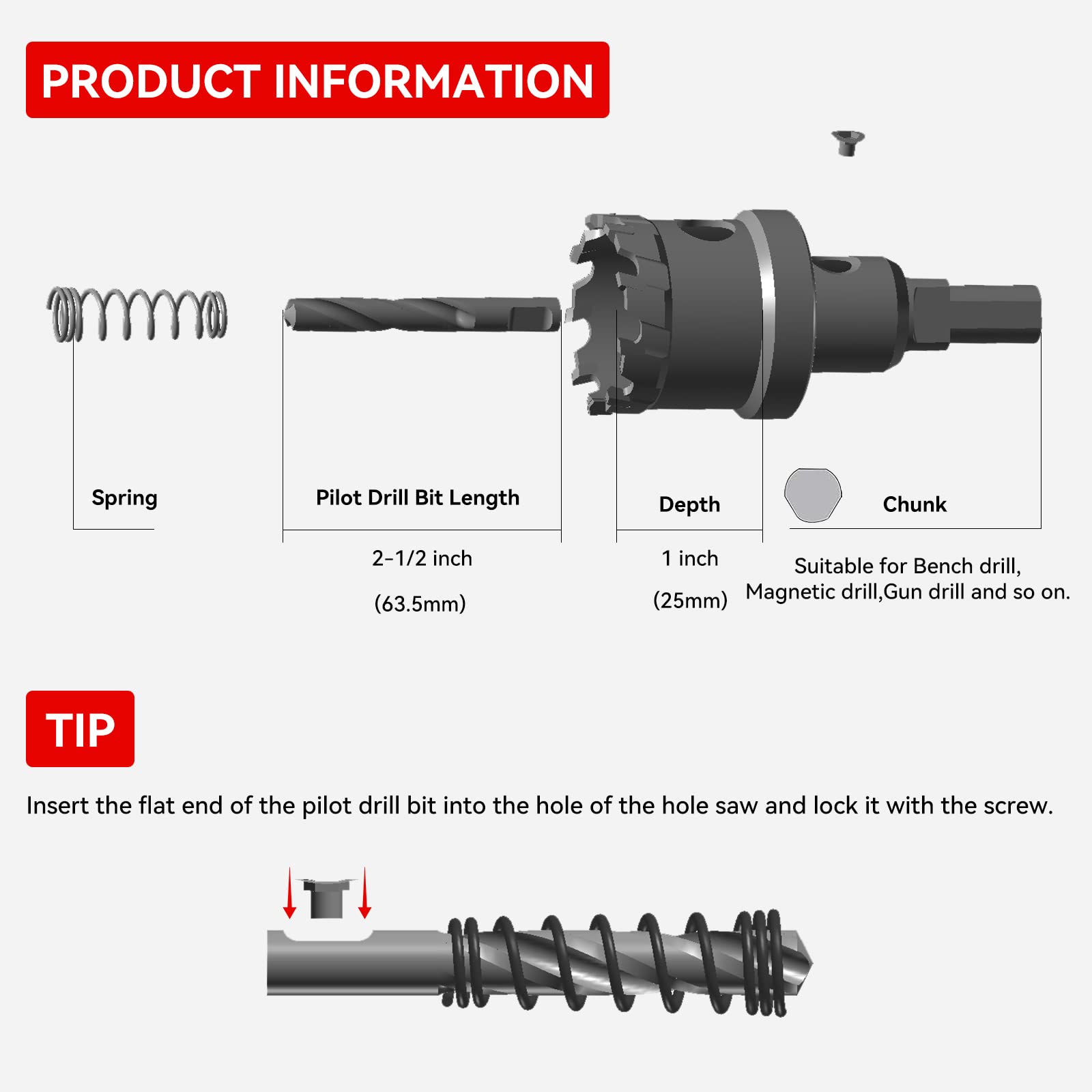 CENYB 1/2" (13mm) Tungsten Carbide Tipped Hole Saw with 2Pcs Titanium-Plated Pilot Drill Bits for Metal, Steel, Iron, Wood, Plastic