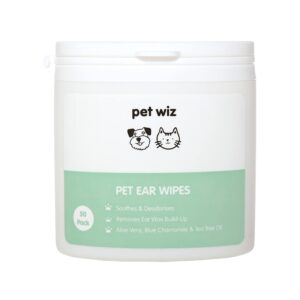 pet wiz ear wipes for dogs & cats. clean, soothe & deodorise with natural active ingredients aloe vera, witch hazel, tea tree oil and blue chamomile extract.