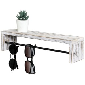 mygift shabby white washed solid wood sunglasses display shelf with black metal hanging bar, wall mounted decorative shelving and eyewear glasses organizer rail