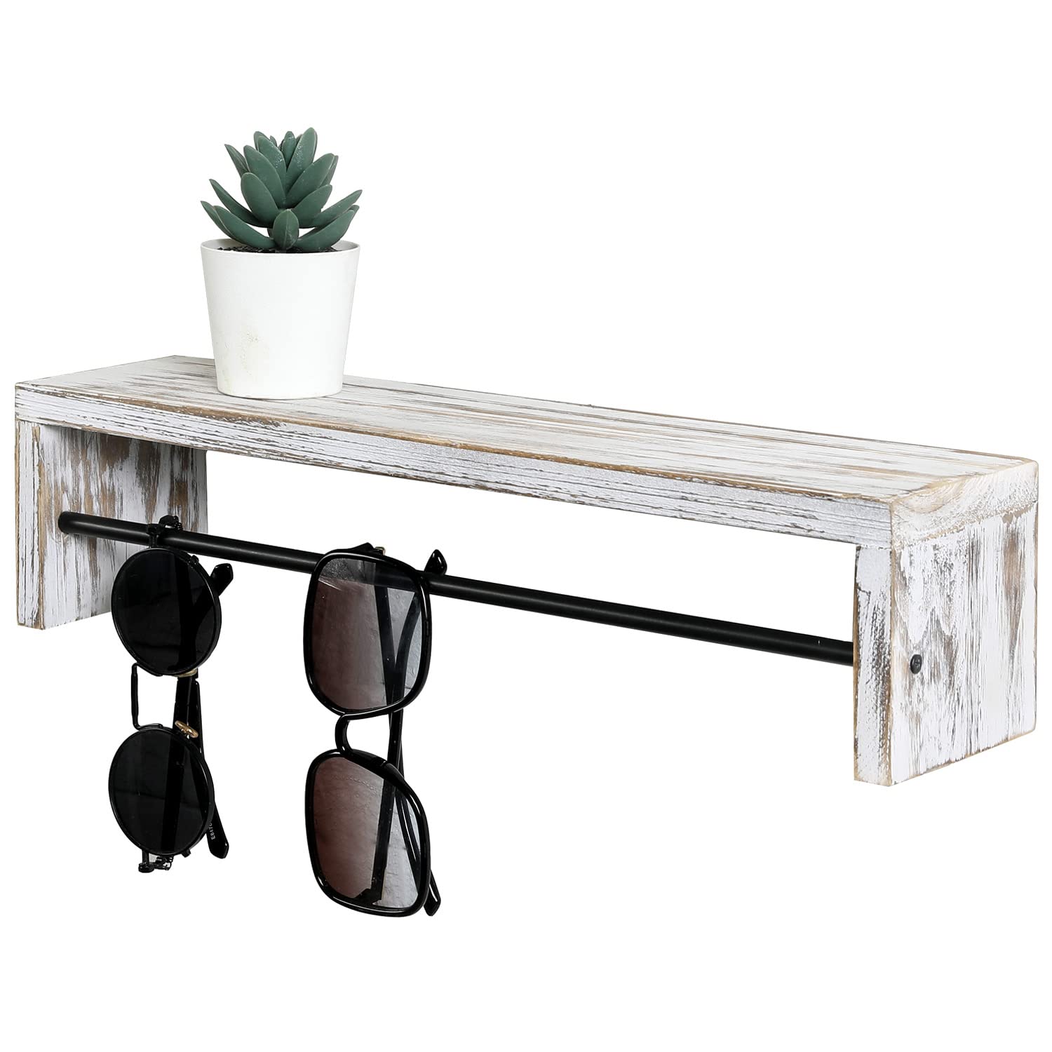 MyGift Shabby White Washed Solid Wood Sunglasses Display Shelf with Black Metal Hanging Bar, Wall Mounted Decorative Shelving and Eyewear Glasses Organizer Rail