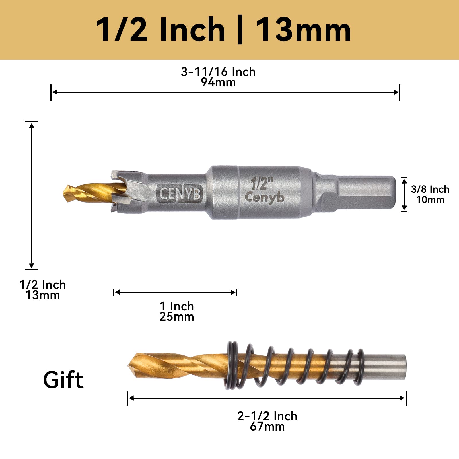 CENYB 1/2" (13mm) Tungsten Carbide Tipped Hole Saw with 2Pcs Titanium-Plated Pilot Drill Bits for Metal, Steel, Iron, Wood, Plastic