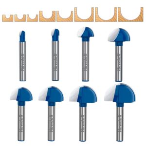 cove box router bit set ,newdeli 8pcs 1/4 inch shank round nose router bit-1/4" 5/16" 3/8" 1/2" 5/8" 3/4" 7/8" 1" cutting diameter, solid carbide double flute cove box round nose woodworking tool