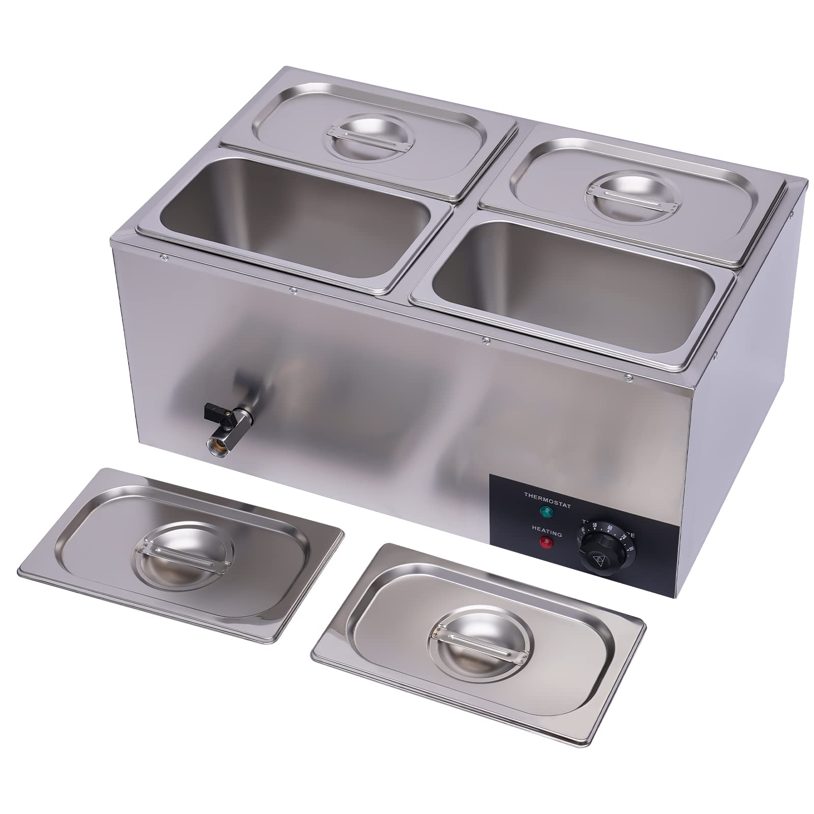 4-Pan Commercial Food Warmer, 110V 600W Electric Steam Table 15cm/6inch Deep, Professional Stainless Steel Buffet Bain Marie for Catering and Restaurants