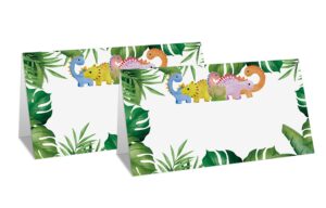 table place card for baby shower, 25 pcs tent cards set with tropical palm leaves design, editable name cards for table seating, dinosaur party food lables, safari jungle baby shower decorations(11)