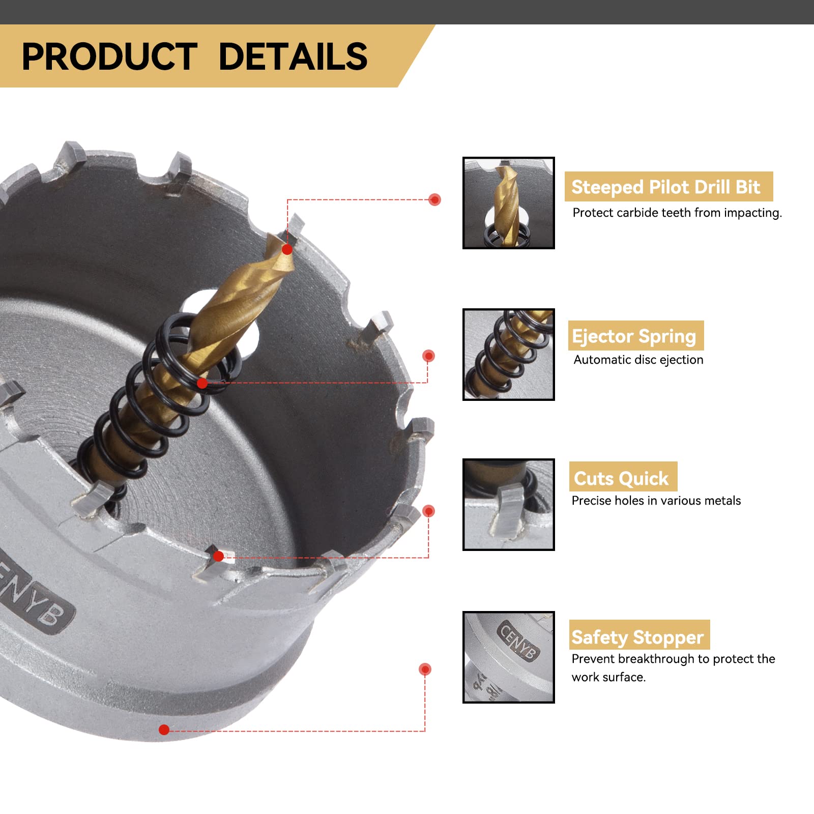 CENYB 1/2" (13mm) Tungsten Carbide Tipped Hole Saw with 2Pcs Titanium-Plated Pilot Drill Bits for Metal, Steel, Iron, Wood, Plastic