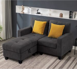 aeffze love seat sofa with storage ottoman convertible velvet 2 seater modular sectional modern reversible couch for living room apartment small space (dark grey) (f8001-home)