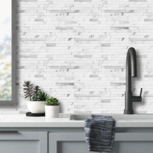 AULIGET 20 Sheets Faux Stone Peel and Stick Backsplash, White Marble Look PVC Wall Tiles Stick on Backsplash for Kitchen