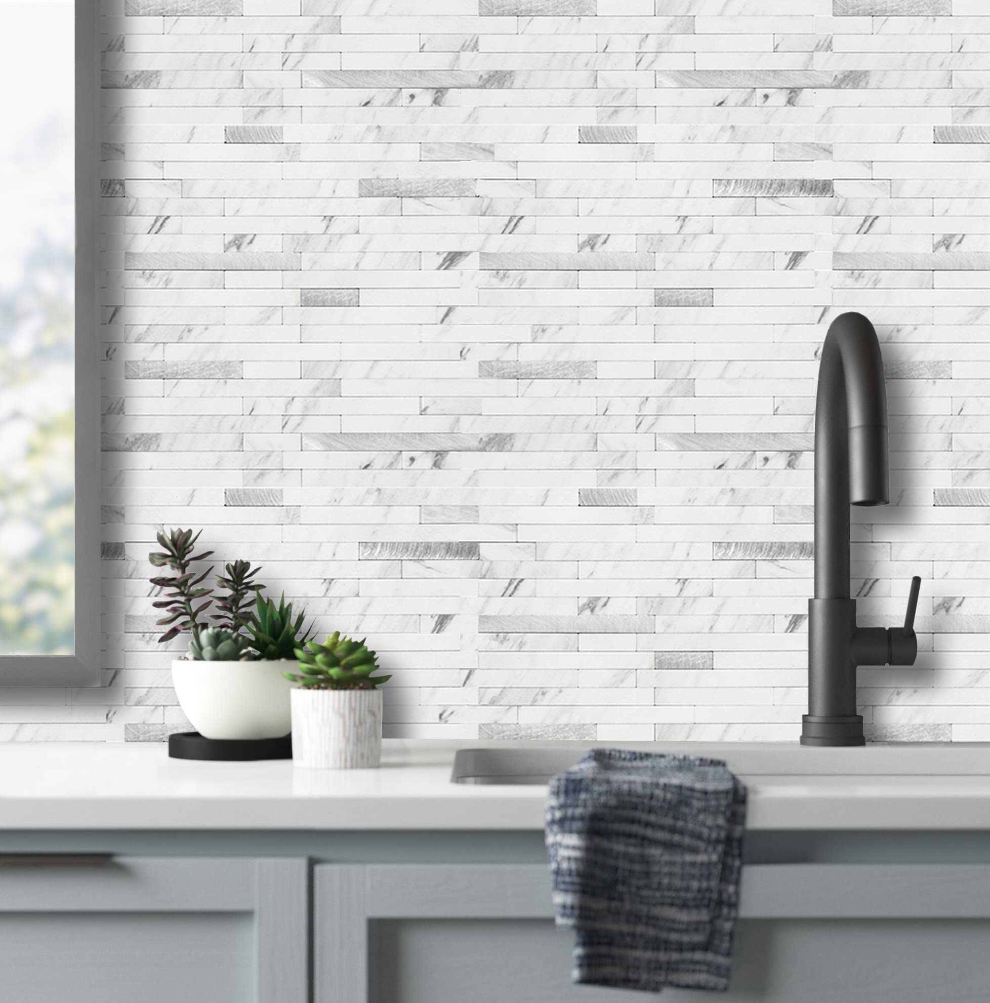 AULIGET 20 Sheets Faux Stone Peel and Stick Backsplash, White Marble Look PVC Wall Tiles Stick on Backsplash for Kitchen