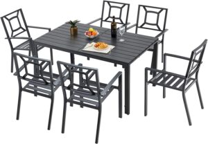 aecojoy 7 piece outdoor dining set, patio table and chairs set with rectangular aluminum table and 6 metal stackable chairs for garden, backyard, matte black