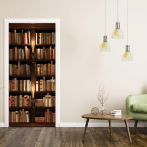 urcolor door sticker wallpaper murals peel and stick removable vinyl decals for home decor, 30.3" x 78.7" bookcase bookshelf