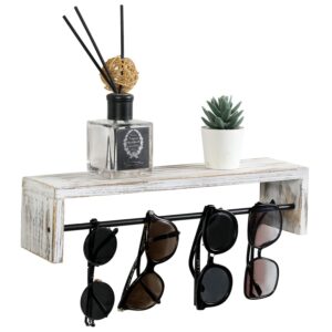 MyGift Shabby White Washed Solid Wood Sunglasses Display Shelf with Black Metal Hanging Bar, Wall Mounted Decorative Shelving and Eyewear Glasses Organizer Rail