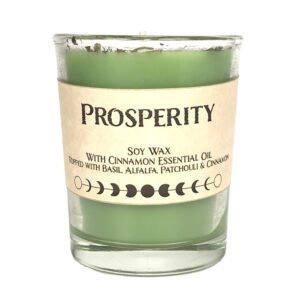 prosperity green spell candle | cinnamon infused, topped with money herbs | lemurian moon soy candle for spells & rituals