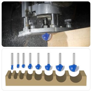 Cove Box Router Bit Set ,Newdeli 8Pcs 1/4 Inch Shank Round Nose Router Bit-1/4" 5/16" 3/8" 1/2" 5/8" 3/4" 7/8" 1" Cutting Diameter, Solid Carbide Double Flute Cove Box Round Nose Woodworking Tool