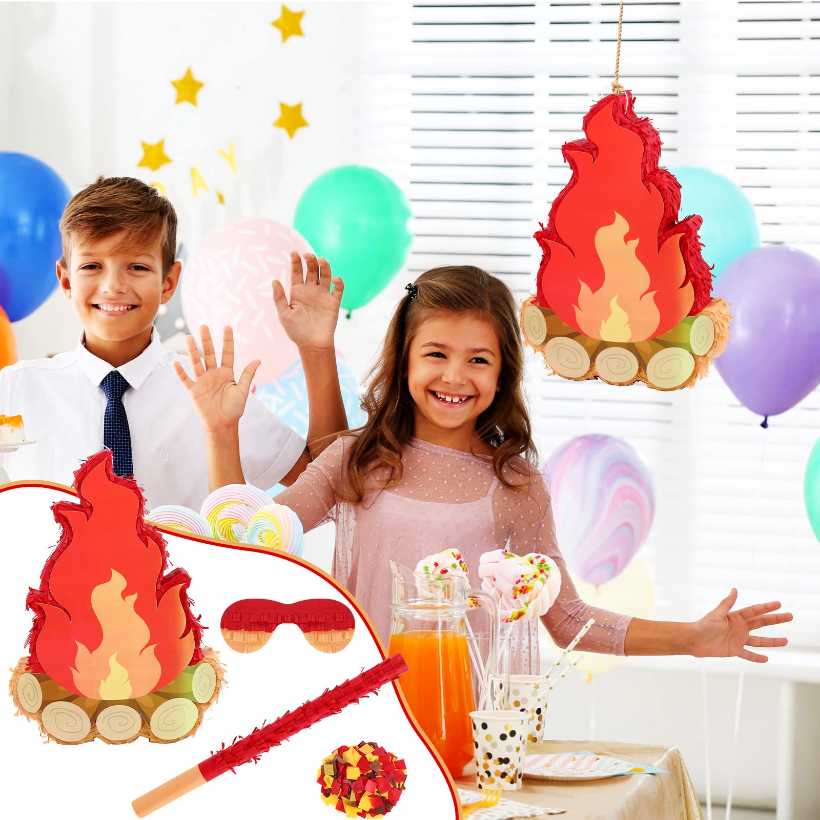 Small Camping Campfire Piñata Fake Flame Party Birthday Party Decoration Camping Adventure Baby Shower Photo Props with Wooden Stick Paper Confetti Set for Kids Boys and Girls,16.1 x 10.2 x 2.8 Inch