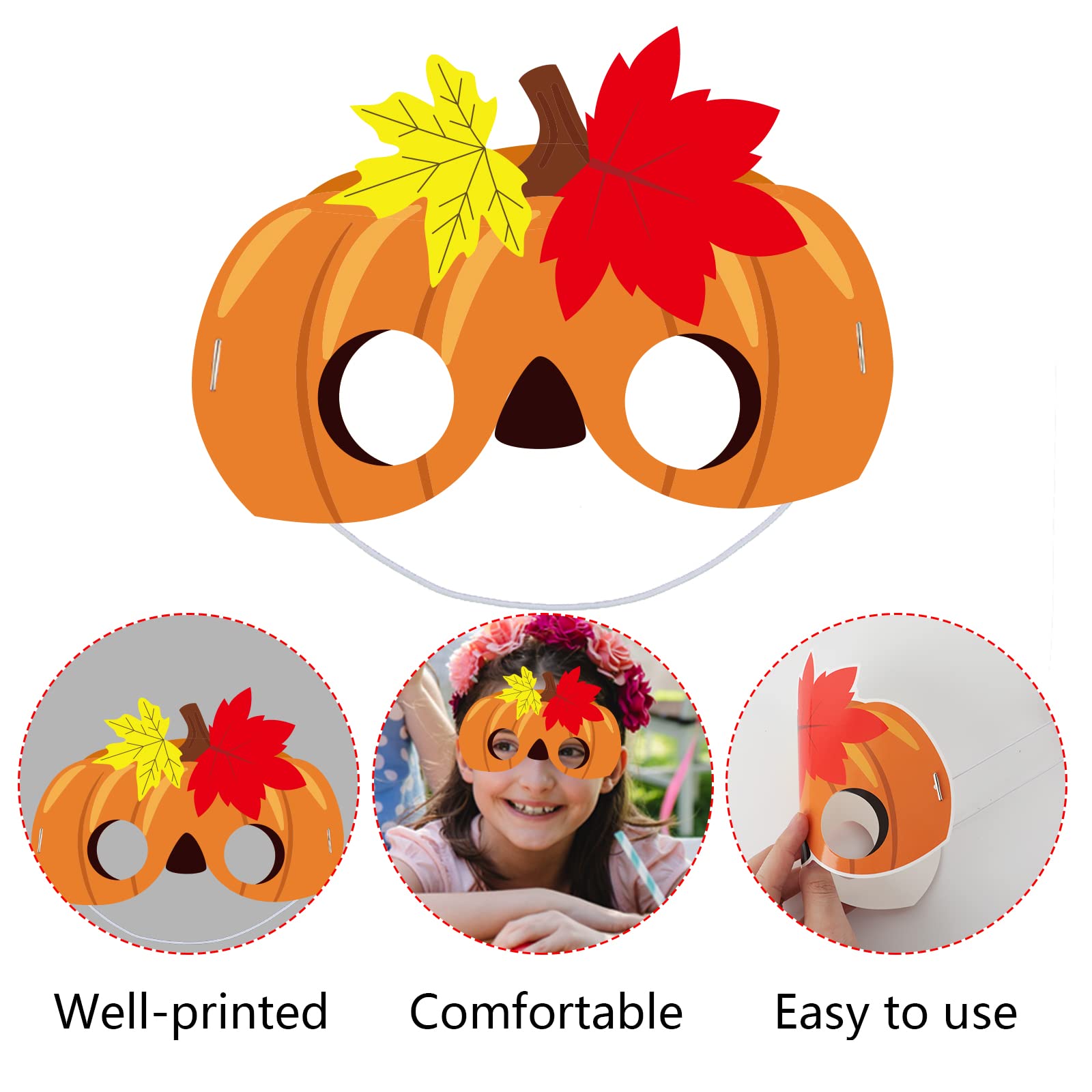 chiazllta Fall Punmkin Masks Party Favors Thanksgiving Autumn Pumpkin Paper Masks for Kids Party Photo Booth Props Kit with Elastic Strings