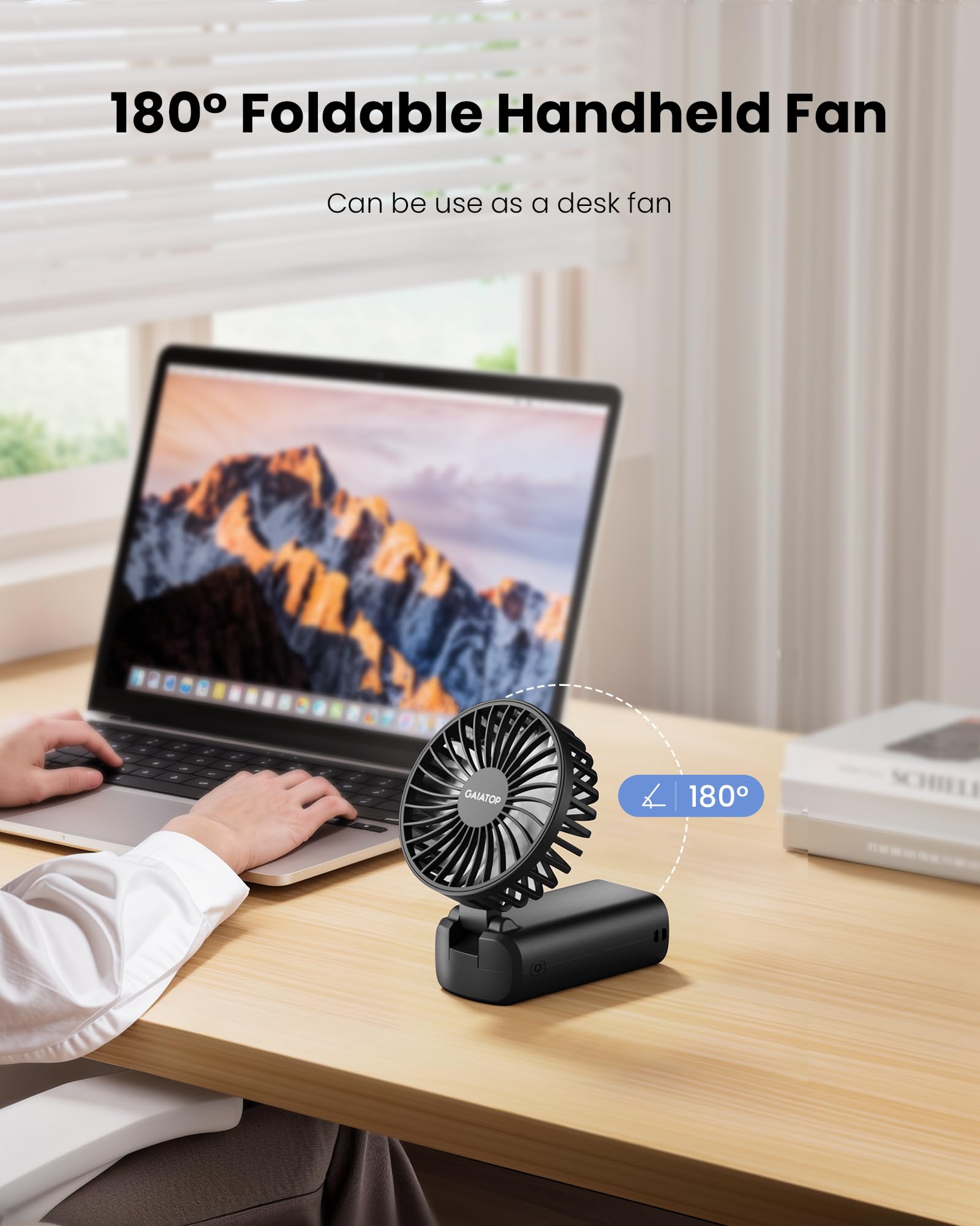 Gaiatop Portable Handheld Fan, 180° Foldable Desk Fan 3 Speed Personal Mini Hand Fan, 2000mAh Powerful Rechargeable Small Fan with Digital Display, USB Personal Fan for Office Outdoor Makeup-Black