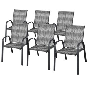 happygrill stackable dining chairs set of 6, outdoor pe wicker patio arm chairs with rustproof steel frame, stackable bistro deck chairs for backyard garden and poolside