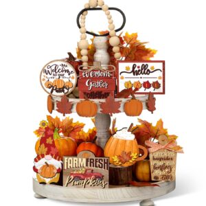 set of 15 fall tiered tray decor pumpkins farmhouse decor autumn maple leaf table centerpieces thanksgiving harvest wood blocks signs for home decor(bright style)