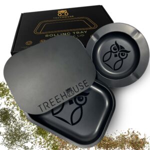 black treehouse rolling tray set with pvc soft magnetic lid, ashtray included for home storage or travel - 7" x 5.5", small, cute