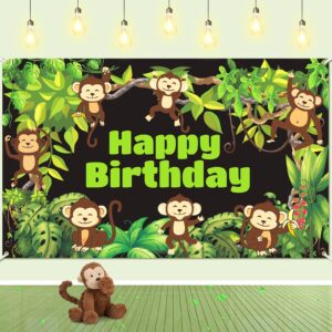 monkey jungle safari birthday banner decorations cute monkeys theme birthday backdrop for boy girl kid forest green leaves photography background for birthday baby shower wild party supplies 71x44inch