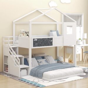 twin over full house bunk bed with storage staircase & blackboard, wood kids bunk bed with roof and guardrails, playhouse bunk beds for kids, teens, adults, no box spring required (white)