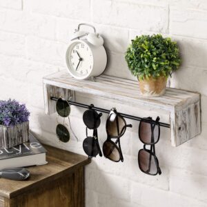 MyGift Shabby White Washed Solid Wood Sunglasses Display Shelf with Black Metal Hanging Bar, Wall Mounted Decorative Shelving and Eyewear Glasses Organizer Rail