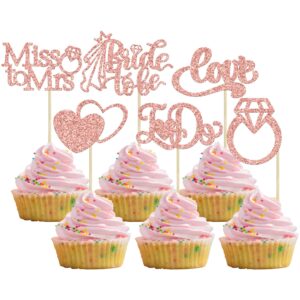 gyufise 24pcs bride to be cupcake toppers rose gold glitter i do love heart ring miss to mrs cupcake picks bridal shower cake decorations for wedding engagement bachelorette party supplies