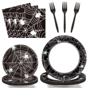 96 pcs halloween party paper plates napkins supplies set spider web disposable tableware decorations get together celebration halloween birthday party favors for 24 guests