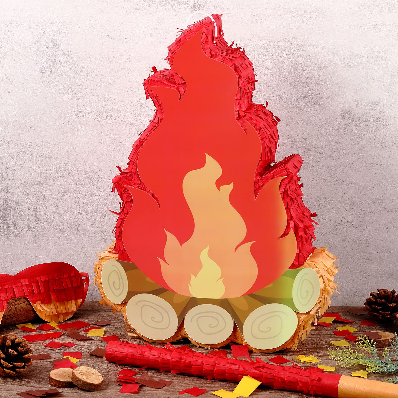 Small Camping Campfire Piñata Fake Flame Party Birthday Party Decoration Camping Adventure Baby Shower Photo Props with Wooden Stick Paper Confetti Set for Kids Boys and Girls,16.1 x 10.2 x 2.8 Inch