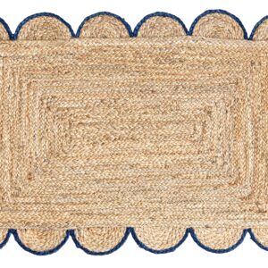 Weaving Village Scalloped Natural Jute Area Rug, Navy Trim, 2x3