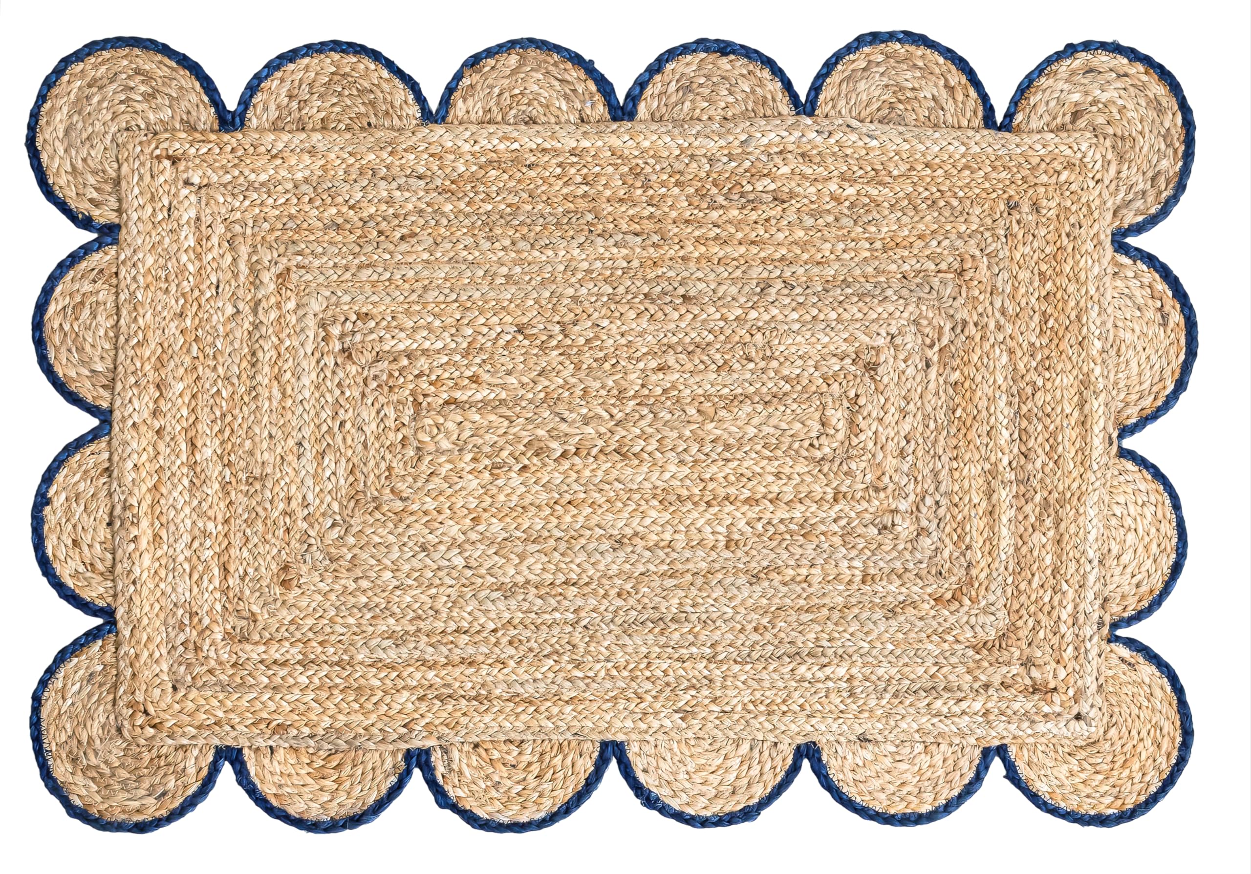 Weaving Village Scalloped Natural Jute Area Rug, Navy Trim, 2x3