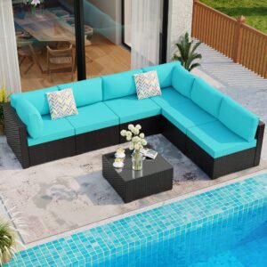 Shintenchi 7 Pieces Outdoor Patio Sectional Sofa Couch, Black PE Wicker Furniture Conversation Sets with Washable Cushions & Glass Coffee Table for Garden, Poolside, Backyard (Blue)