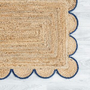 Weaving Village Scalloped Natural Jute Area Rug, Navy Trim, 2x3