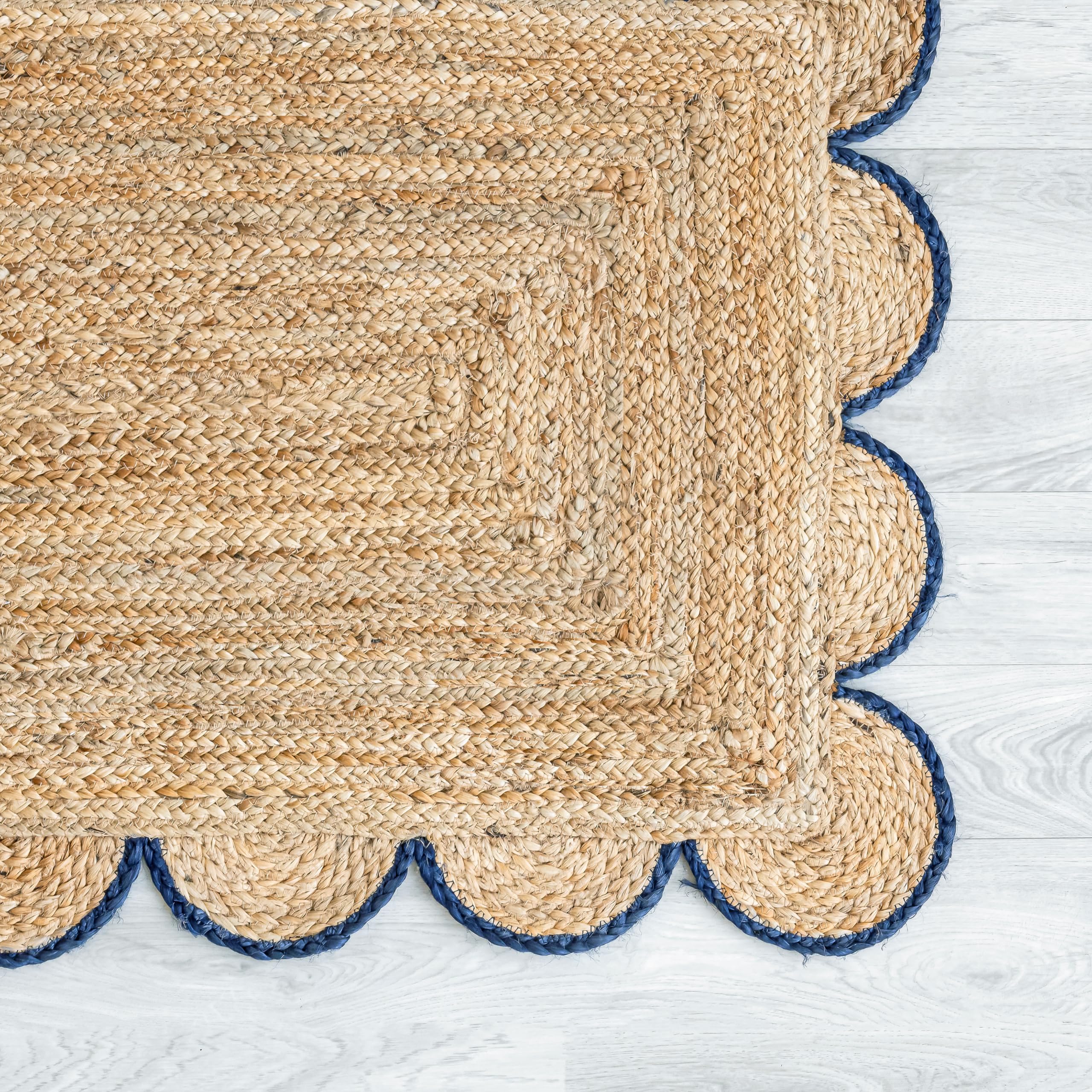 Weaving Village Scalloped Natural Jute Area Rug, Navy Trim, 2x3