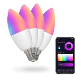 moesgo smart candelabra led light bulbs, wifi e12 smart bulbs, 2700k-6500k cw& rgb dimmable, smart life/tuya app remote control, work with alexa/google home, 470lm 5w (40w equivalent) 4 pack no hub