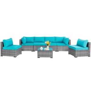 shintenchi 7 pieces outdoor patio sectional sofa couch, silver gray pe wicker furniture conversation sets with washable cushions & glass coffee table for garden, poolside, backyard (sky blue)