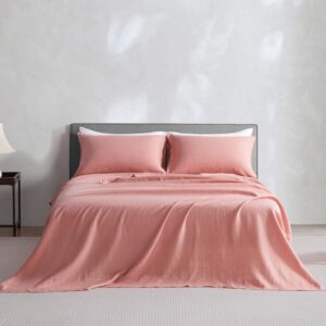 dapu pure linen sheets set, 100% french linen from normandy, breathable and durable for hot sleepers, 4 pcs set - 1 flat sheet, 1 fitted sheet, 2 pillowcases (pink clay, king)