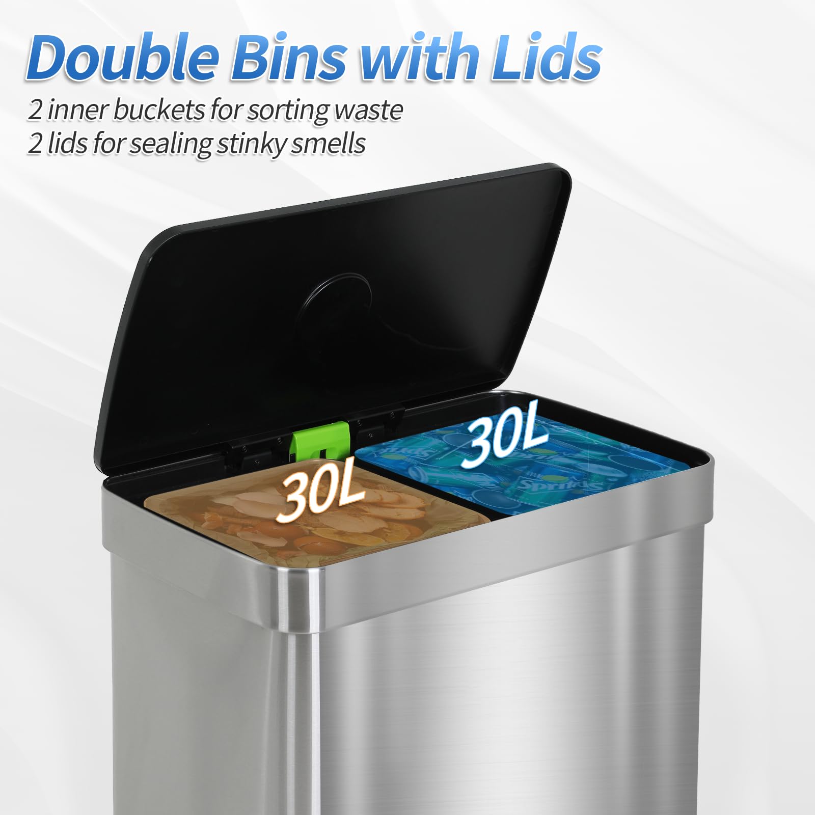 Dual Trash Can, 16 Gallon/ 60L Stainless Steel Trash and Recycling Combo with Lid & Double Barrel, Step Fingerprint-Proof Dual Compartment Garbage Cans for Kitchen Bedroom Bathroom Office