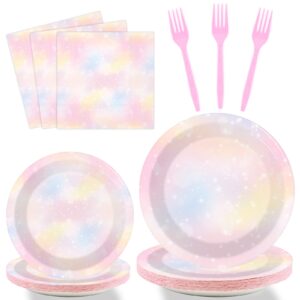 tevxj 96pcs pastel rainbow tableware set rainbow birthday dinnerware disposable plates rainbow cloud party plates napkins forks for birthday baby shower weddings party decorations supplies 24 guests