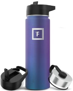 iron °flask camping & hiking hydration flask with 3 lids - stainless steel, double walled & vacuum insulated water bottle - leak proof & bpa free (aurora, straw - 22 oz)